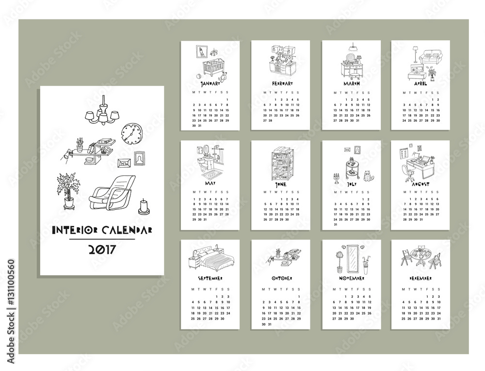 Interior calendar of 2017. Doodle set of different interior hand drawn ...