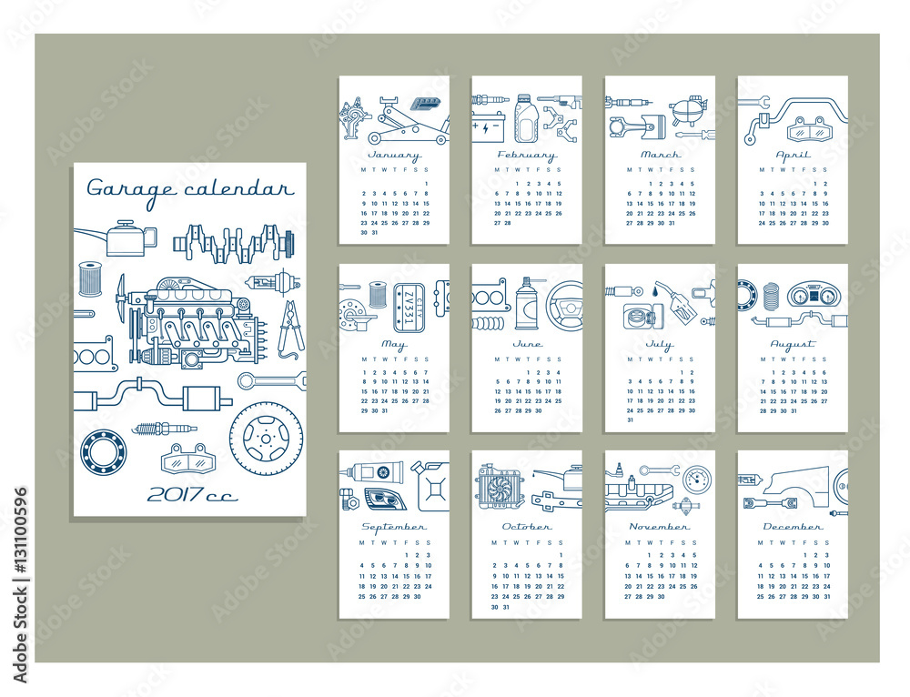 Garage calendar of 2017. Vector. Isolated Stock Vector | Adobe Stock