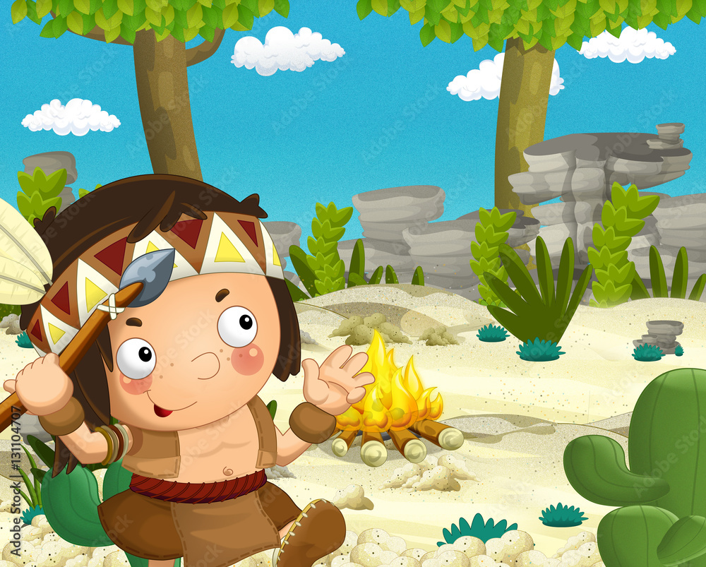 Cartoon happy and funny wilderness scene with fire in the middle ...