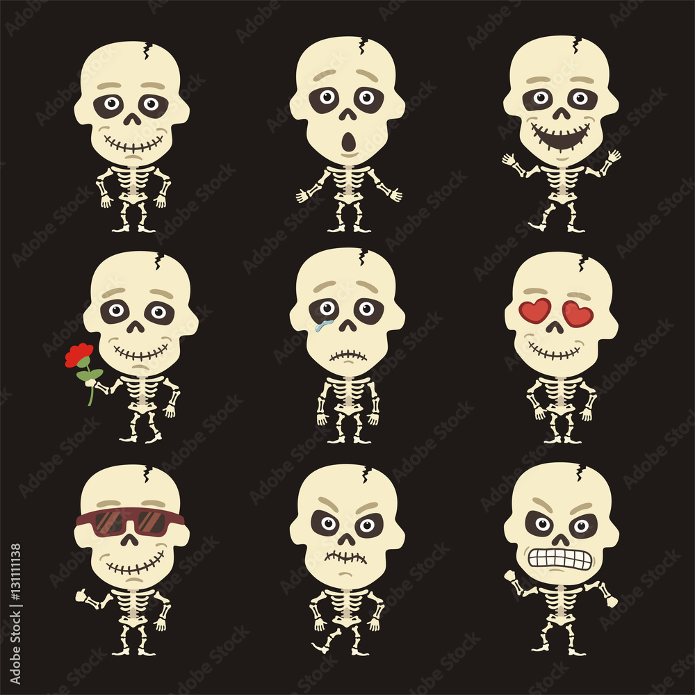 Vector set isolated cute skeleton. Collection funny skeleton in cartoon ...