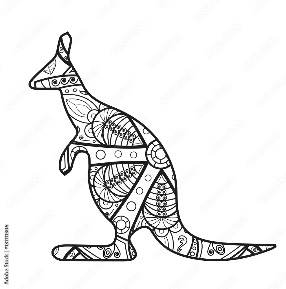 Vector illustration of a black and white kangaroo mandala for coloring ...