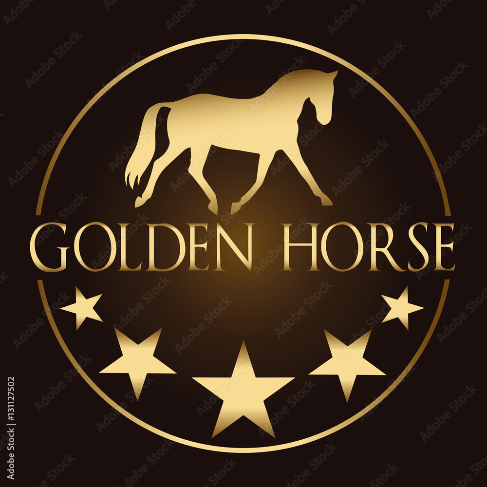 Logo vector image of golden horse and stars on a dark background. Horse ...