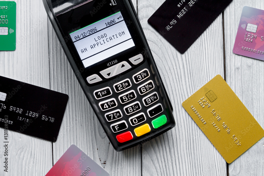 payment card through terminal in store top view wooden background Stock ...