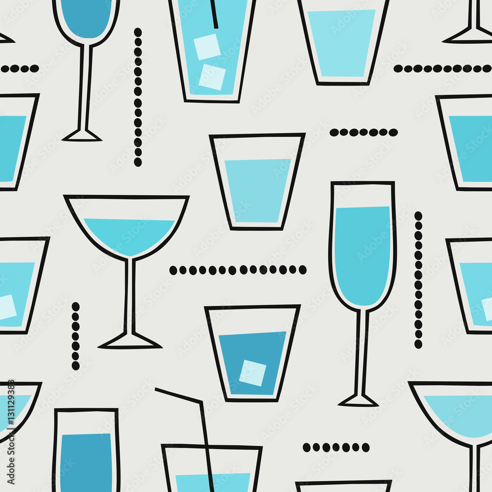 Modern seamless pattern with cocktail drinks in blue, black and cream ...