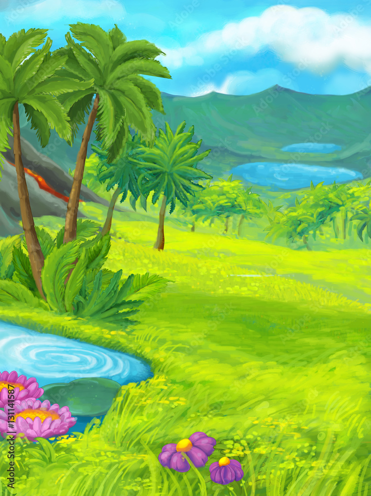 Cartoon nature scene with pond near the jungle - illustration for ...