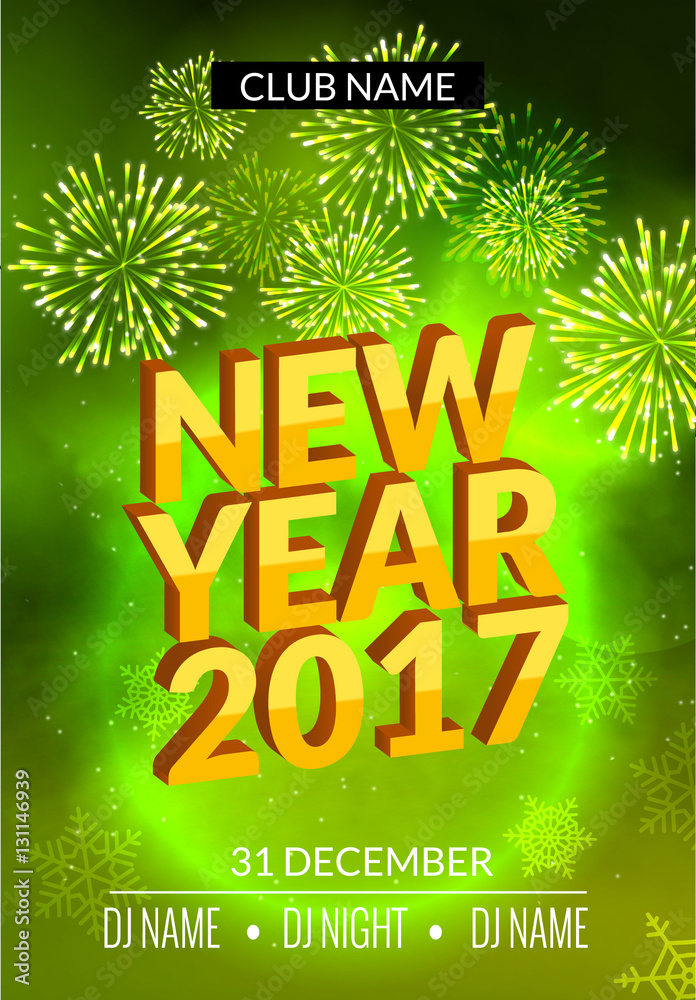 New Year party poster design with fireworks light. New year disco flyer ...