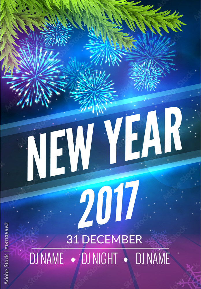 New Year party poster design with fireworks light. New year disco flyer ...