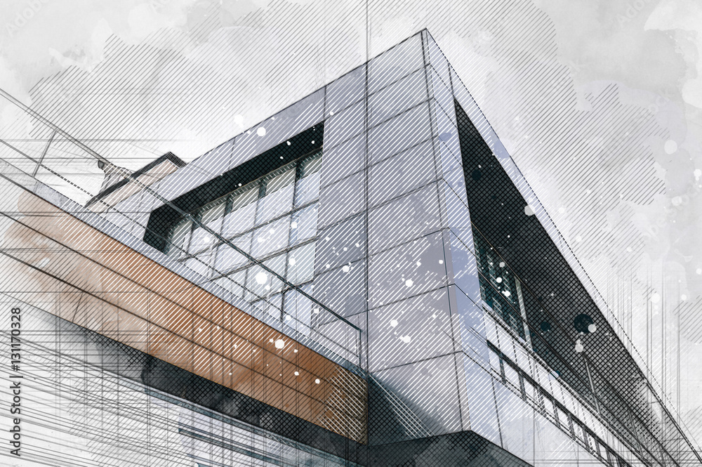 Modern office building. Watercolor and ink architectural drawing Stock ...