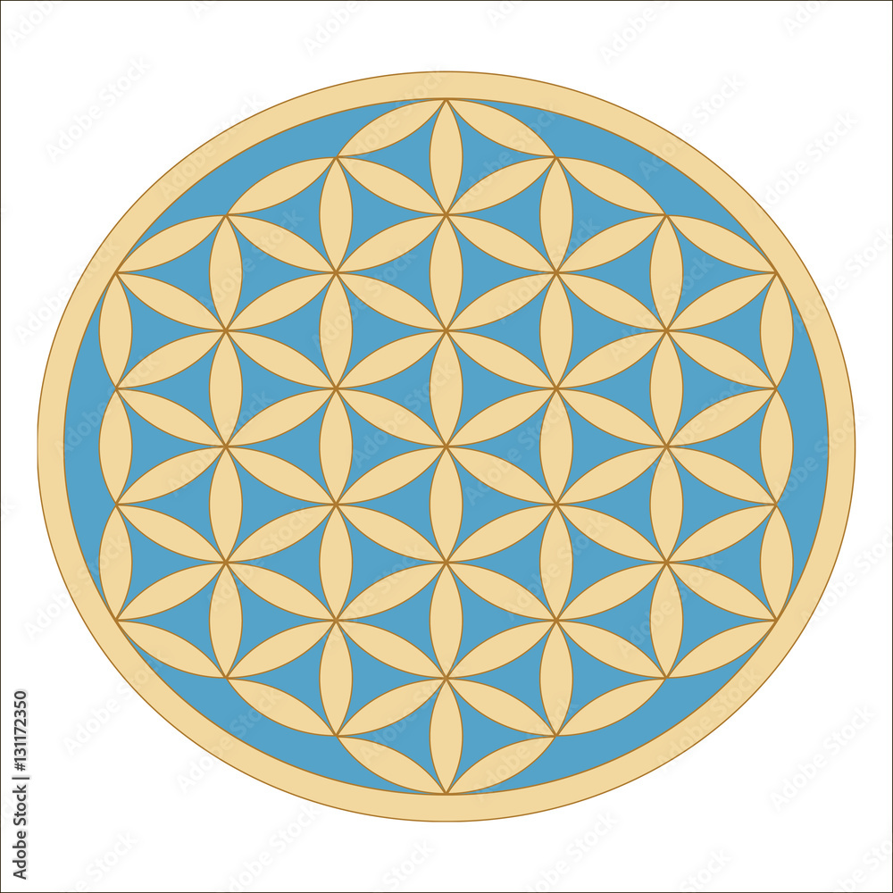 Sacred Geometry. Ancient gold Flower of Life symbol on a turquoise ...