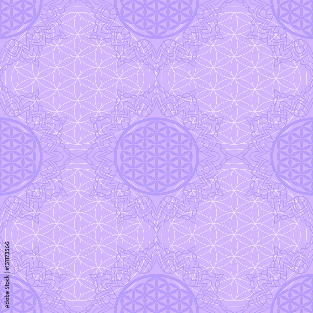 Seamless pattern with a purple symbol of the Flower of Life in the ...