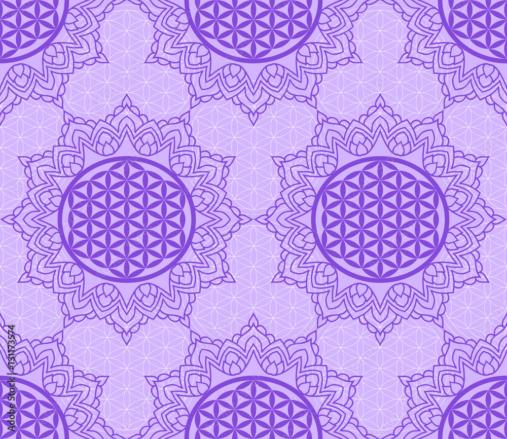Seamless pattern with a purple symbol of the Flower of Life in the ...