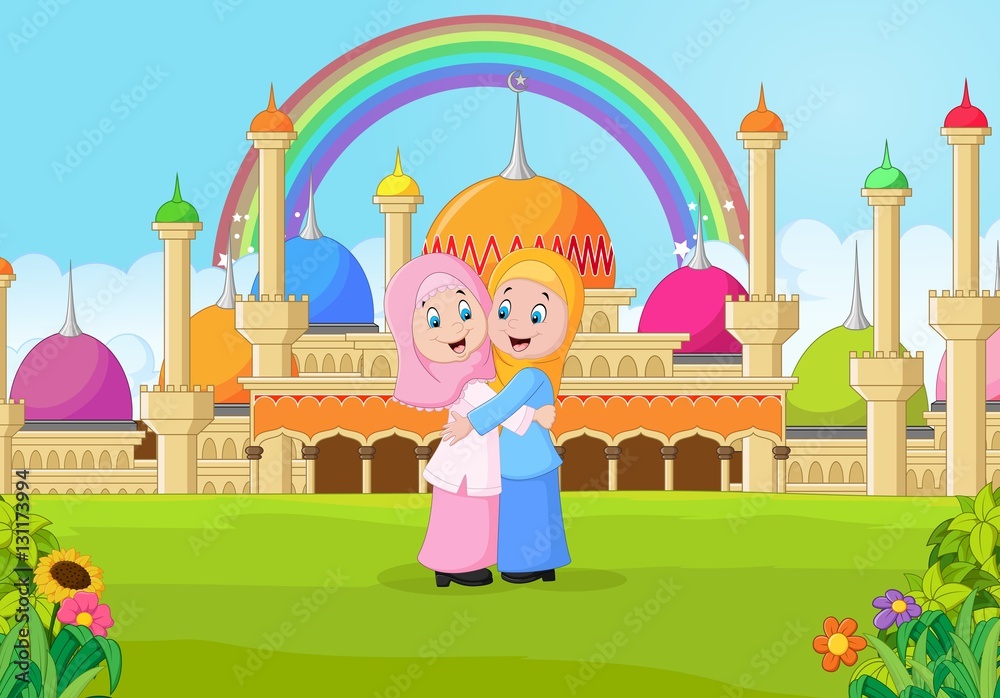 Cartoon Muslim girl hugging in front of a mosque Stock Vector | Adobe Stock