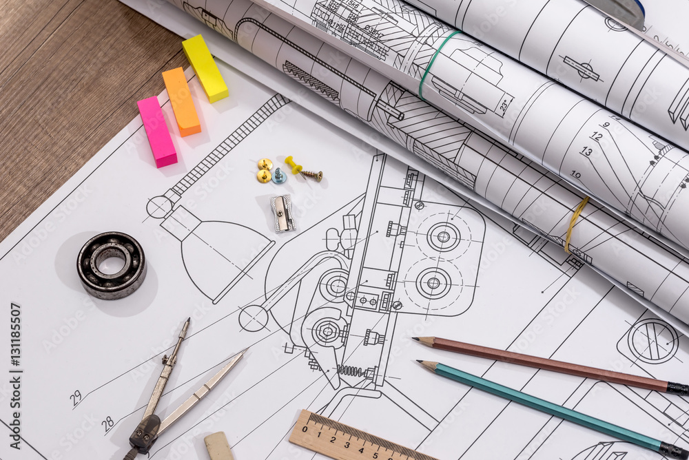 technical drawing detail and several drawing tools. Stock Photo | Adobe ...