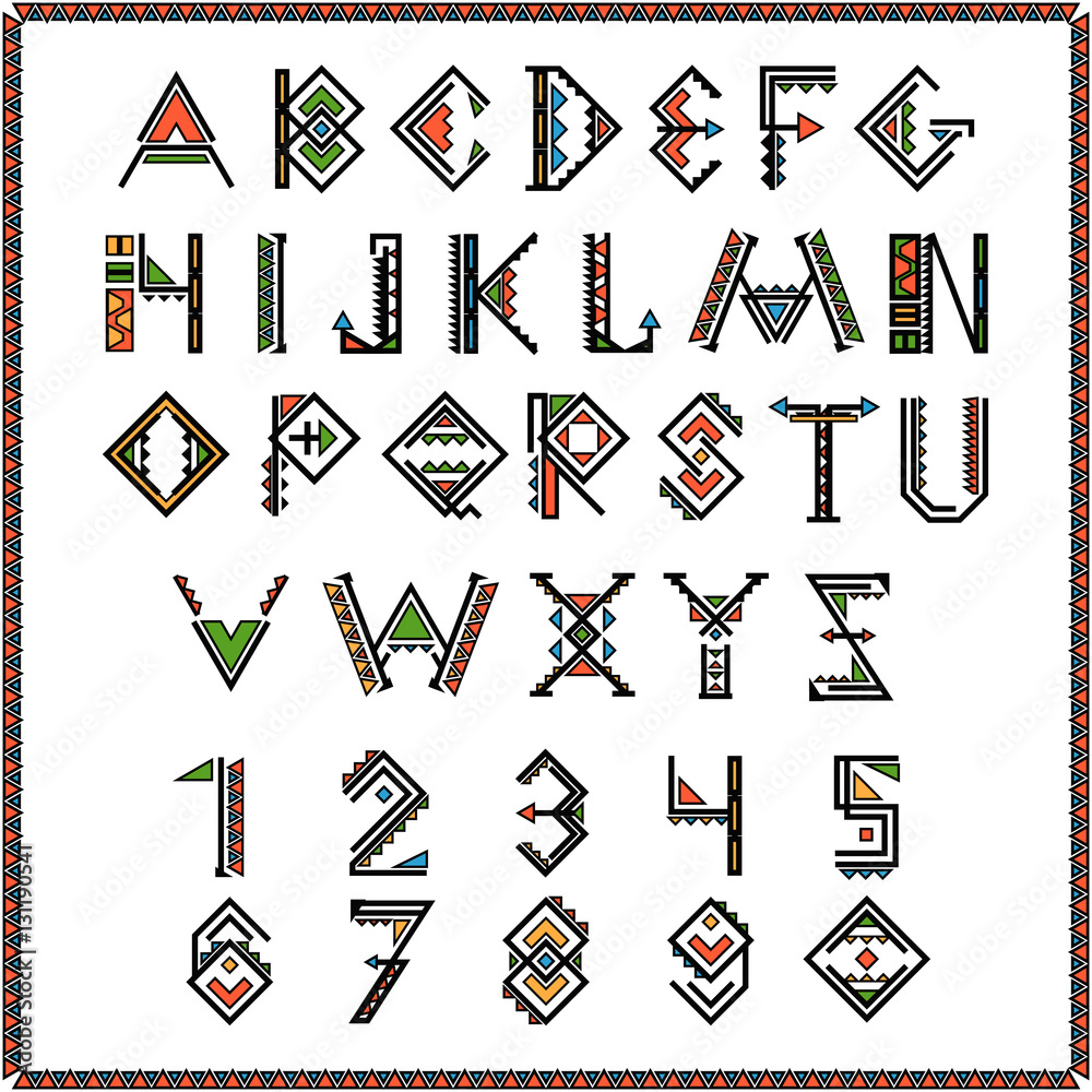 Native american indian font or mexican alphabet with numbers Stock ...