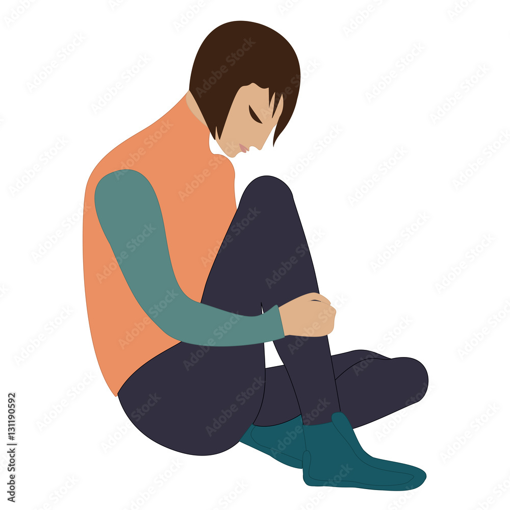 sad young man sitting bowed his head isolated on white background art ...