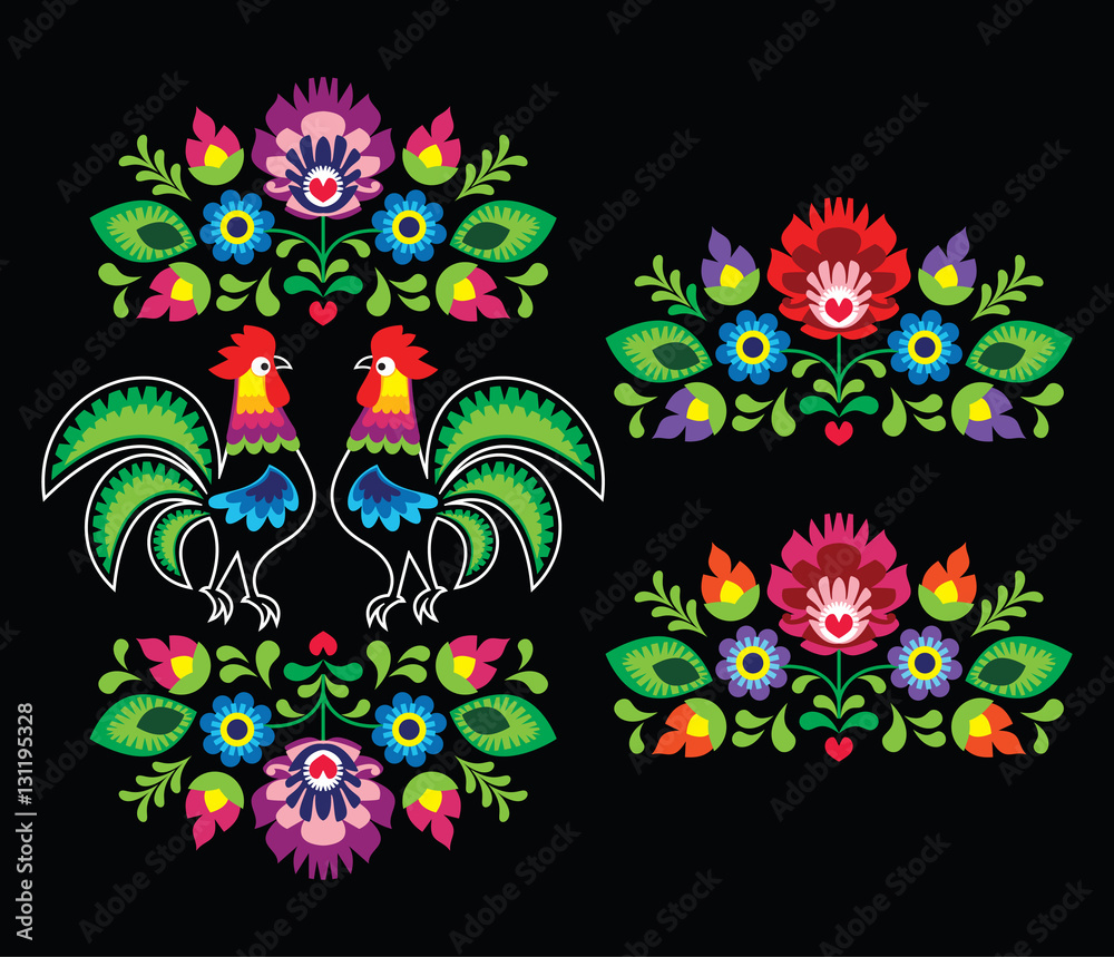 Polish folk art embroidery with roosters - traditional folk pattern ...