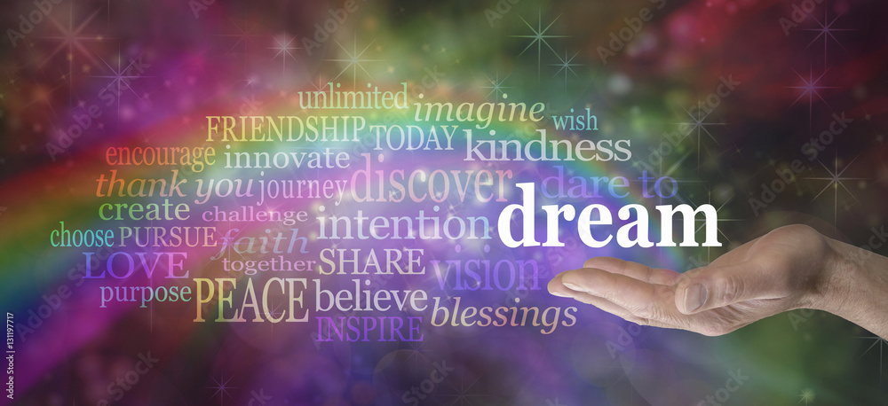 Dare to Dream word cloud - Male hand outstretched palm up with a ...