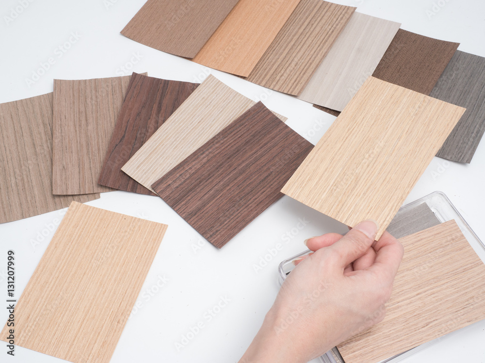 Samples of veneer wood on white background. interior design select ...