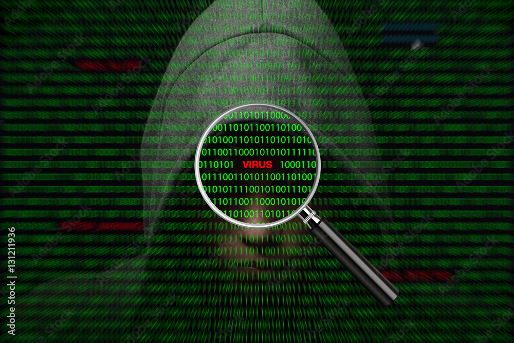 Hacker over a screen with binary code and virus warning messages Stock ...