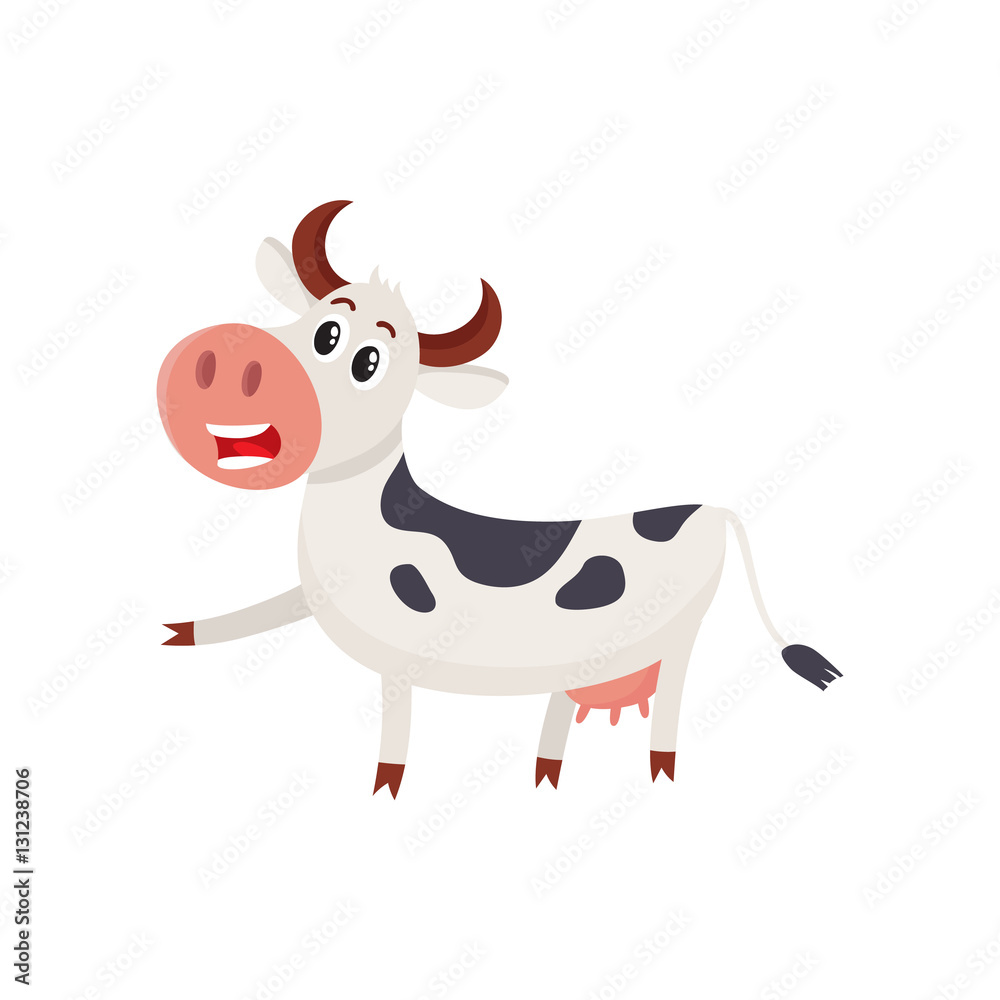 Funny black and white spotted cow character pointing to something and ...