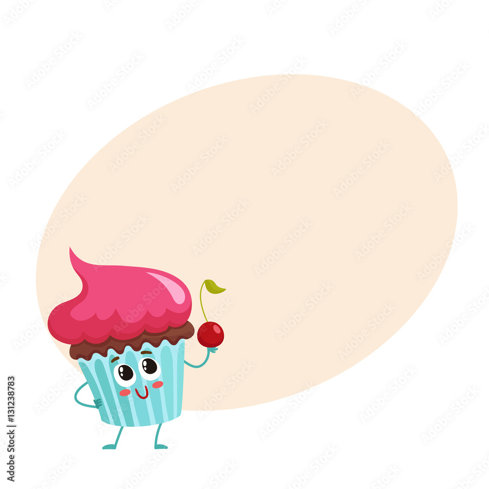 Funny cupcake character with pink cream topping, cartoon style vector ...