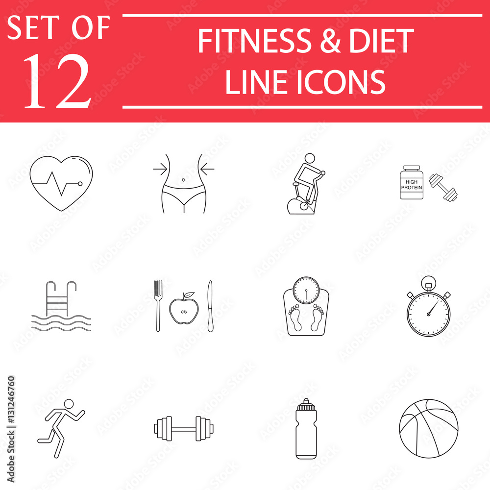 Fitness & diet line pictograms package, Healthy life & sport symbols ...
