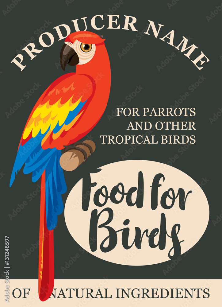 label design feed tropical birds with a picture of a parrot Stock ...