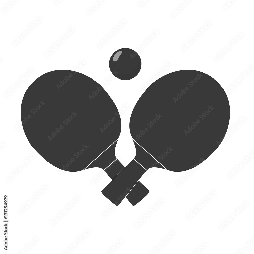 Crossed table tennis or ping pong paddles or rackets and ball. Black ...