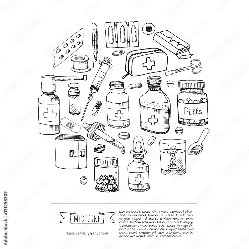 Set of health care and medicine hand drawn icons, doodle medical ...