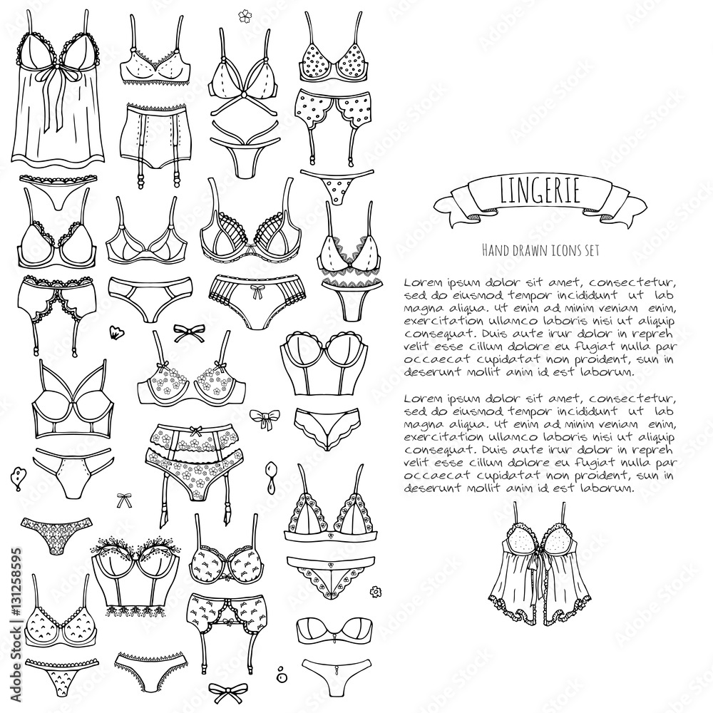 Hand Drawn Doodle Lingerie Icon Set Fashion Feminine Vector