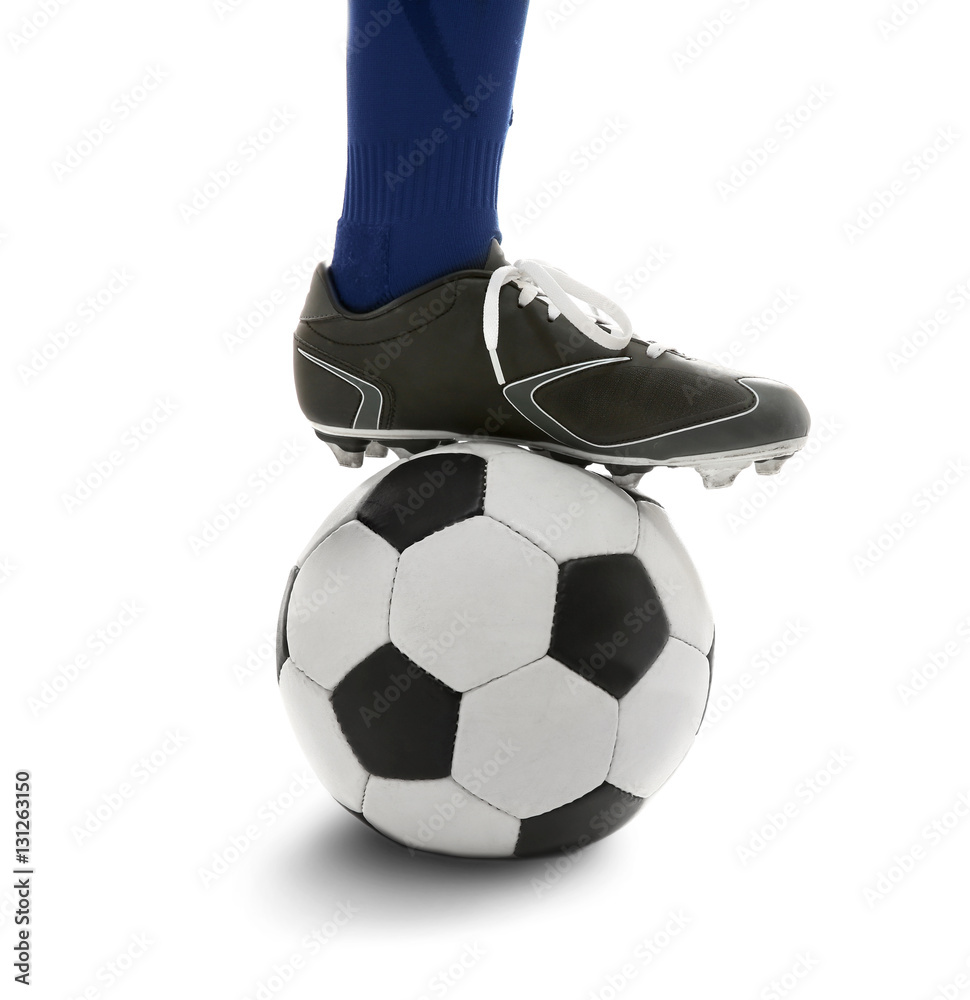 Male leg with soccer ball on white background, closeup Stock Photo ...
