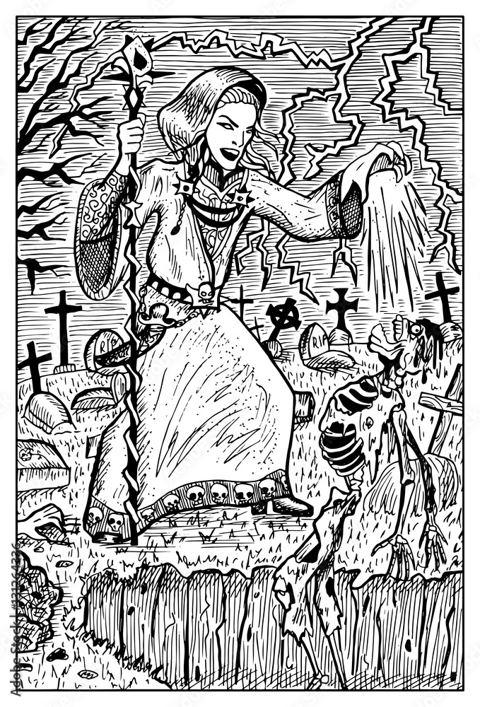Necromancer and zombie undead. Engraved fantasy illustration Stock ...