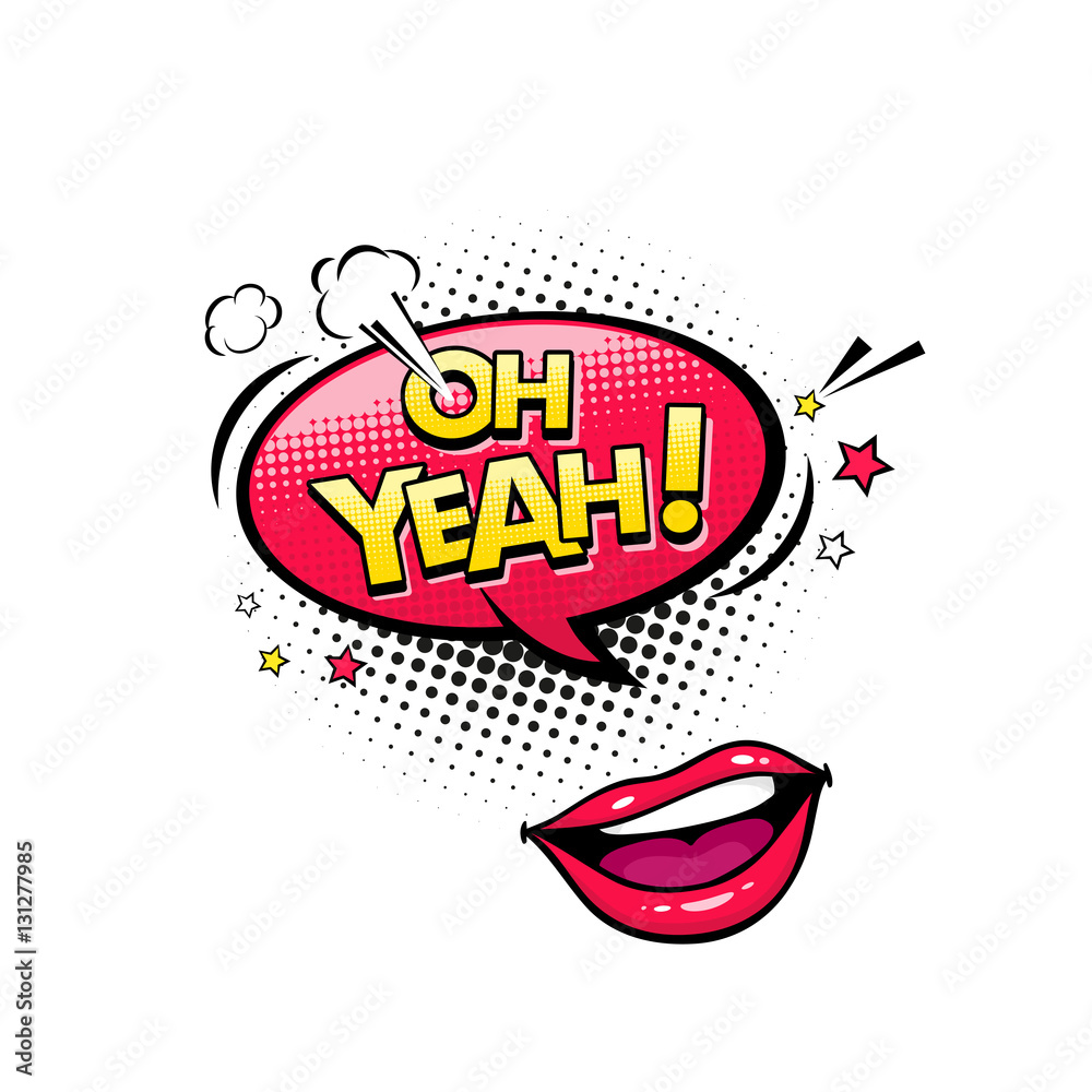 Comic speech bubble with stars, emotional text Oh Yeah! and open female ...