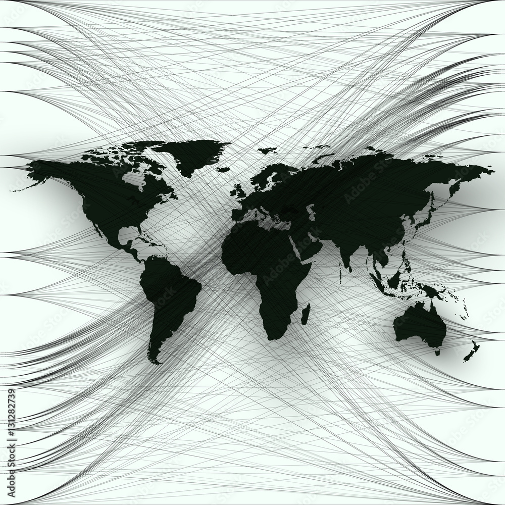 Black color world map with abstract waves and lines on white background ...