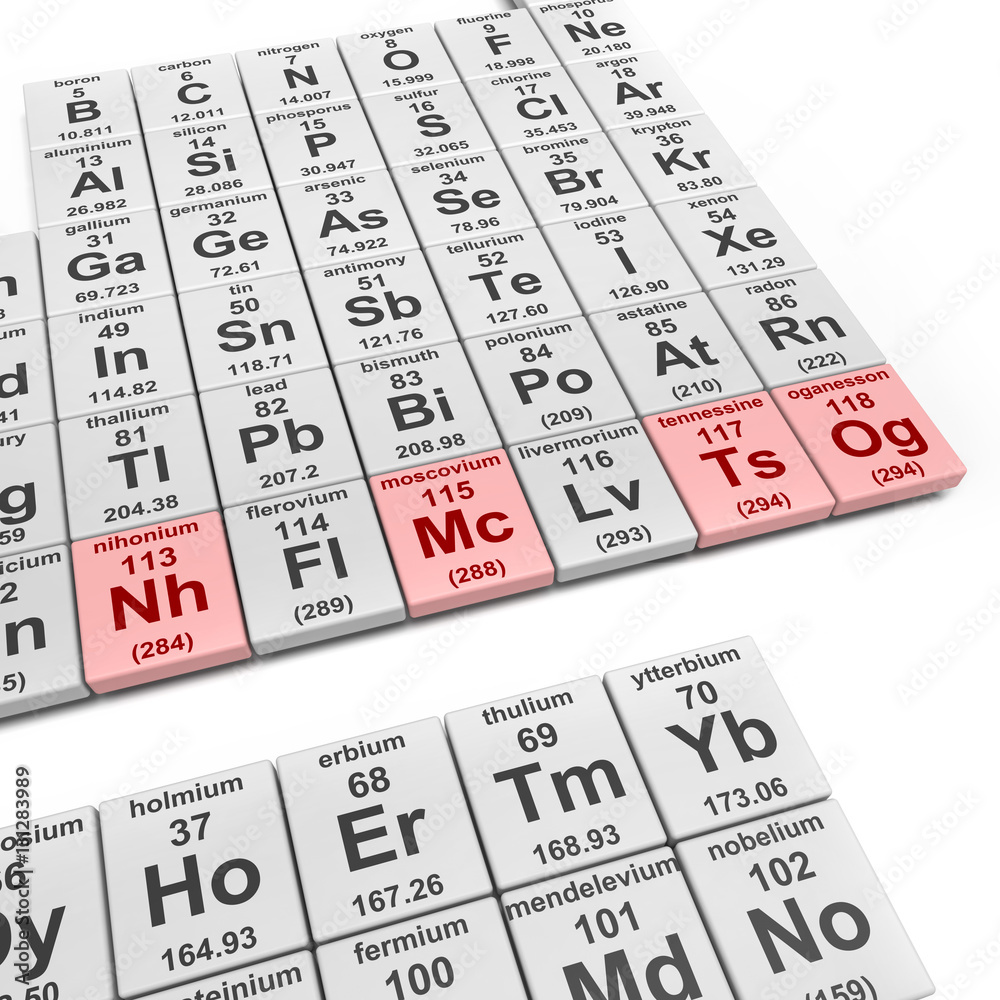 3d rendering of periodic table of elements, focused on four new ...