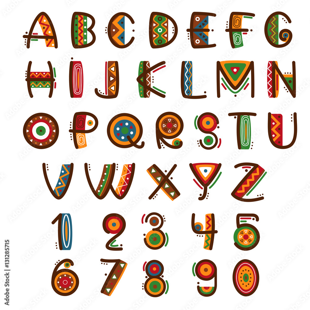 African ethnic primitive font. Hand drawn brightly safari vector ...