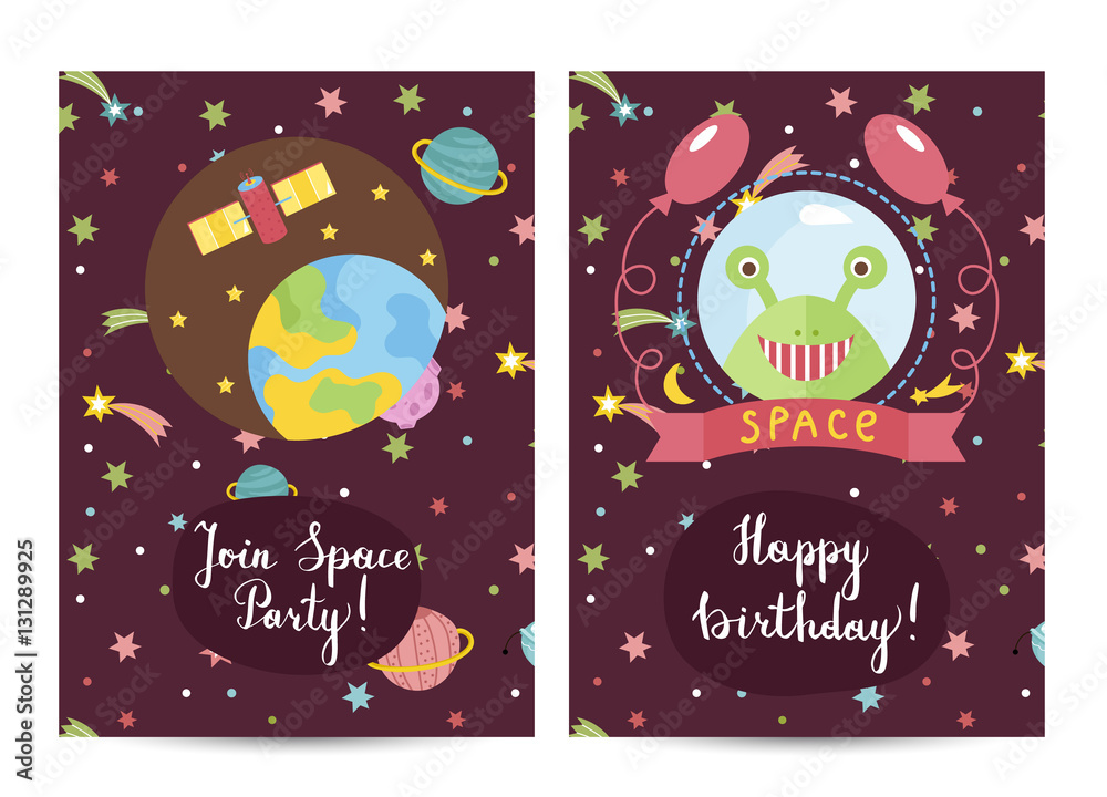 Happy birthday cartoon greeting card on space theme. Earth surrounded ...