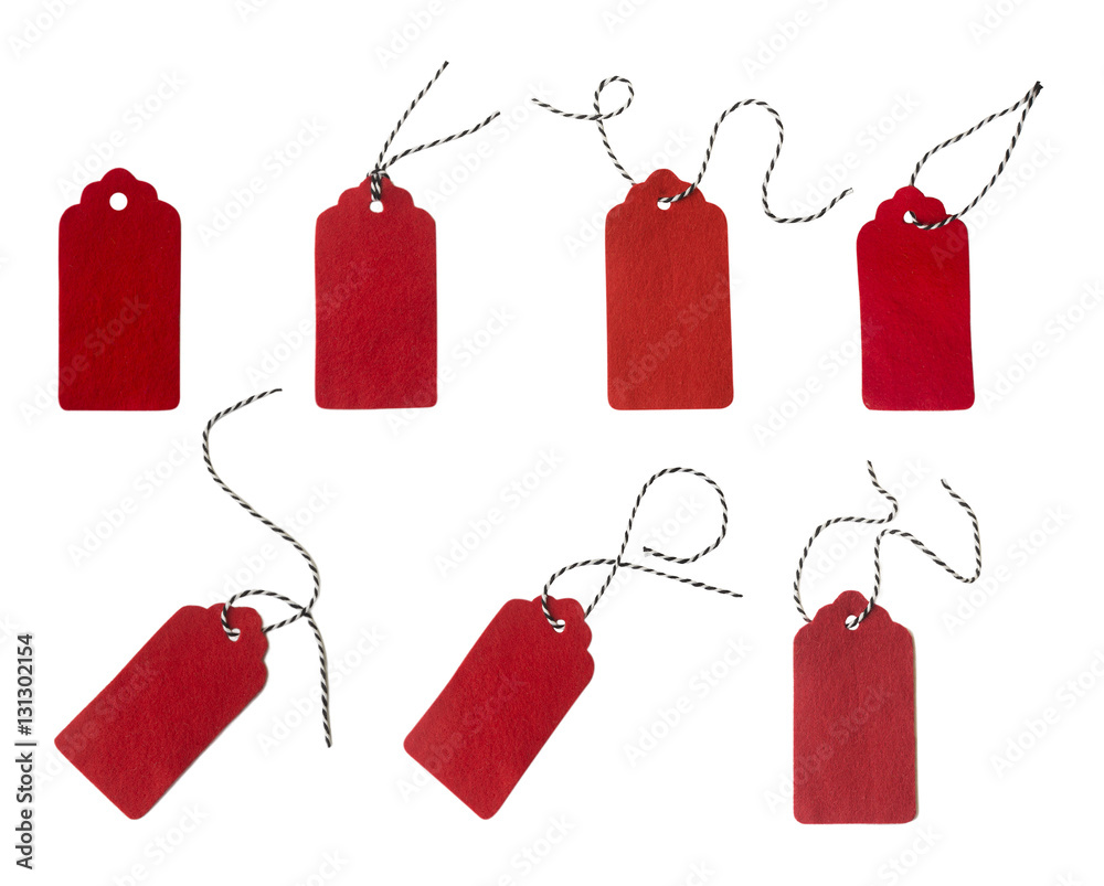 Collage of gift tags isolated on white background. Sale labels. Price ...