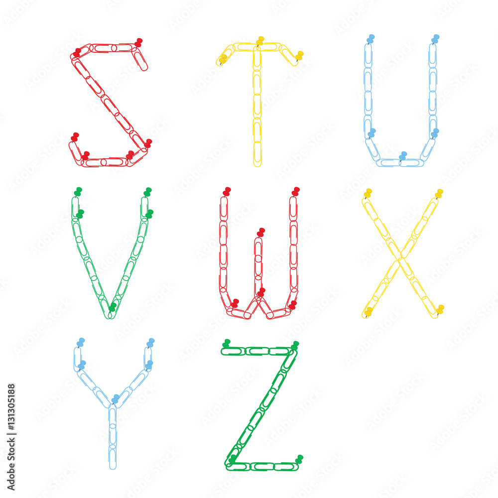 Alphabet from colored paper clips on a pushpin. The letters S, T, U, V ...