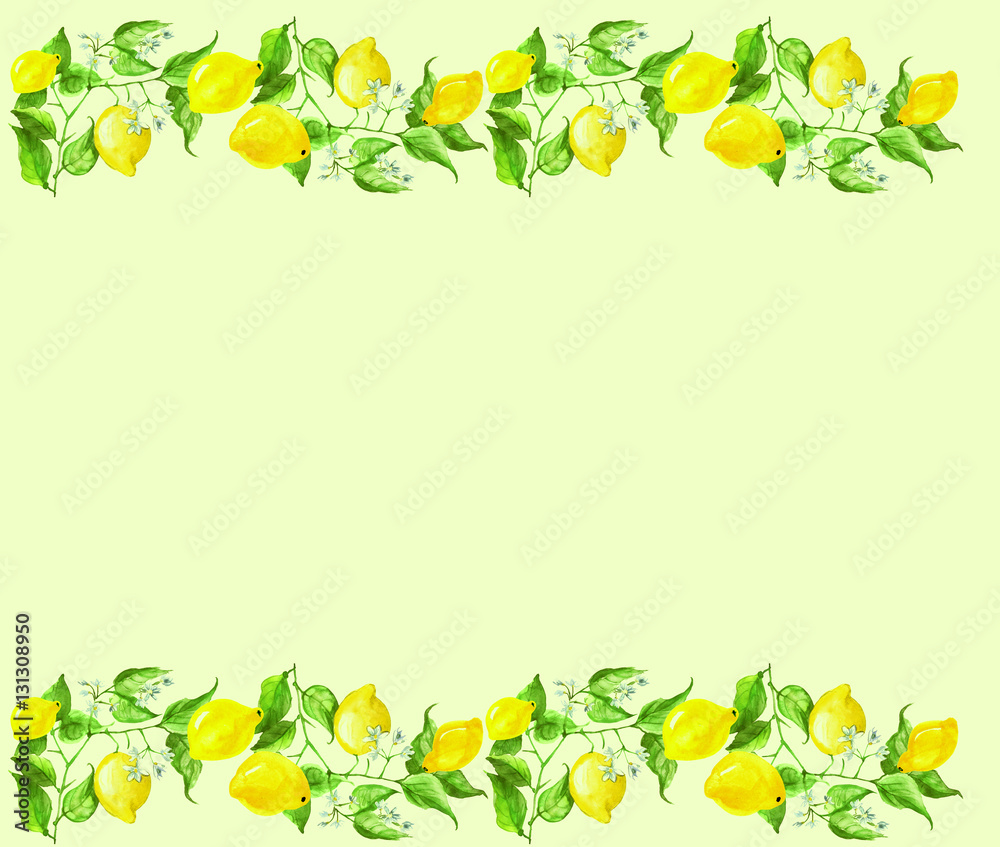 Watercolor vintage frame, border with a pattern - a lemon tree branch ...