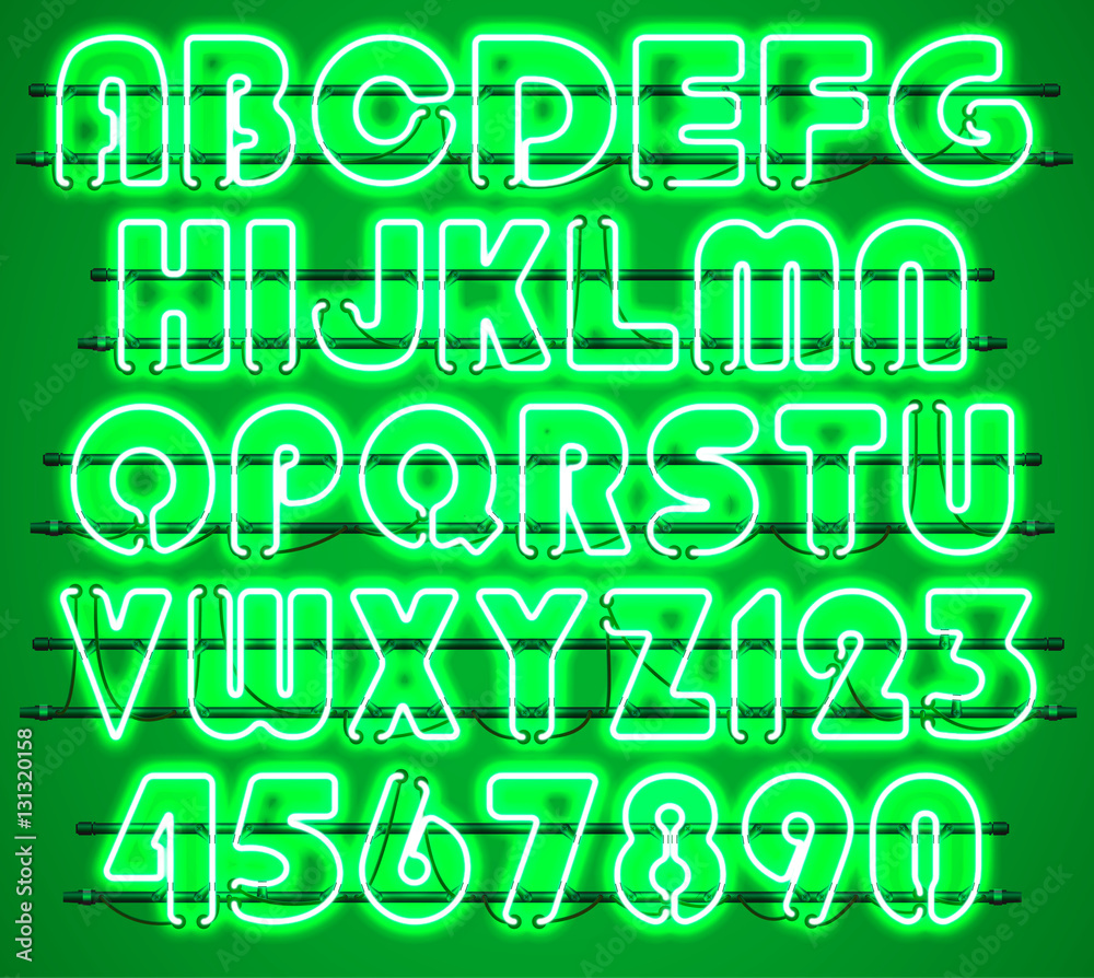 Glowing Green Neon Alphabet with letters from A to Z and digits from 0 ...