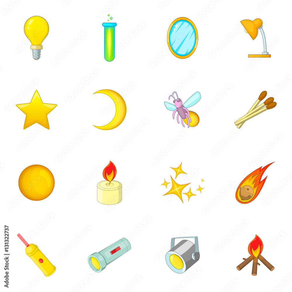 Sources of light icons set. Cartoon illustration of 16 sources of light ...