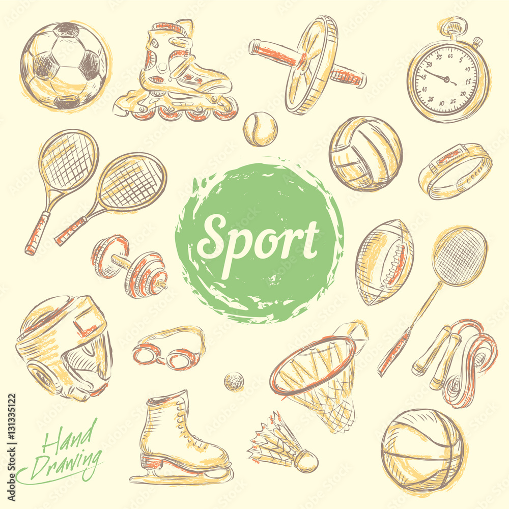 Sport sketch equipment. Drawing doodle collection, isolated. Vector ...
