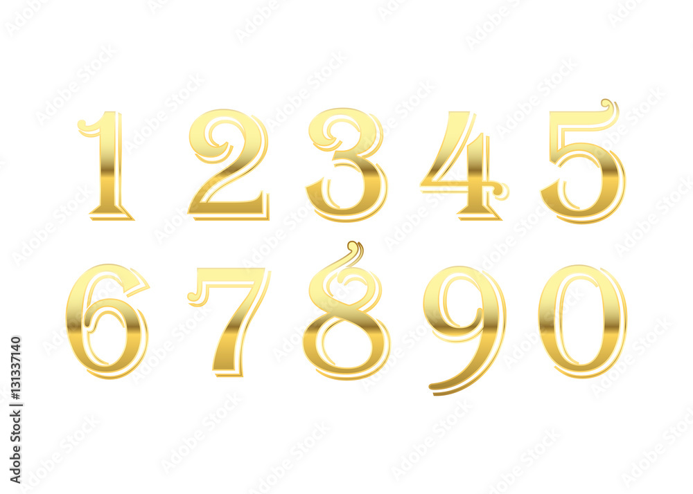 Gold 3d metallic numbers set. Golden metal texture font, isolated on ...