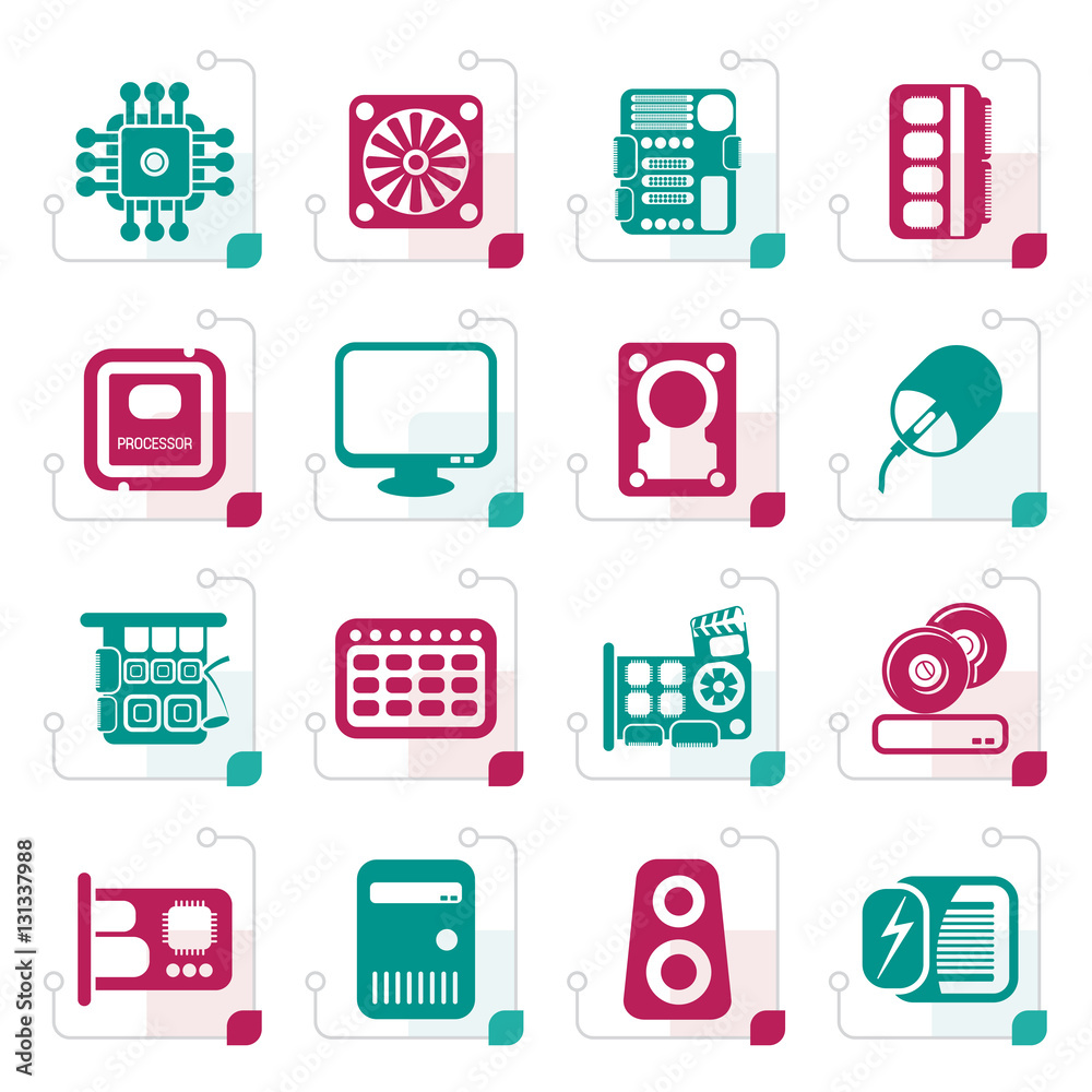 Stylized Computer Performance and Equipment Icons - Vector Icon Set ...
