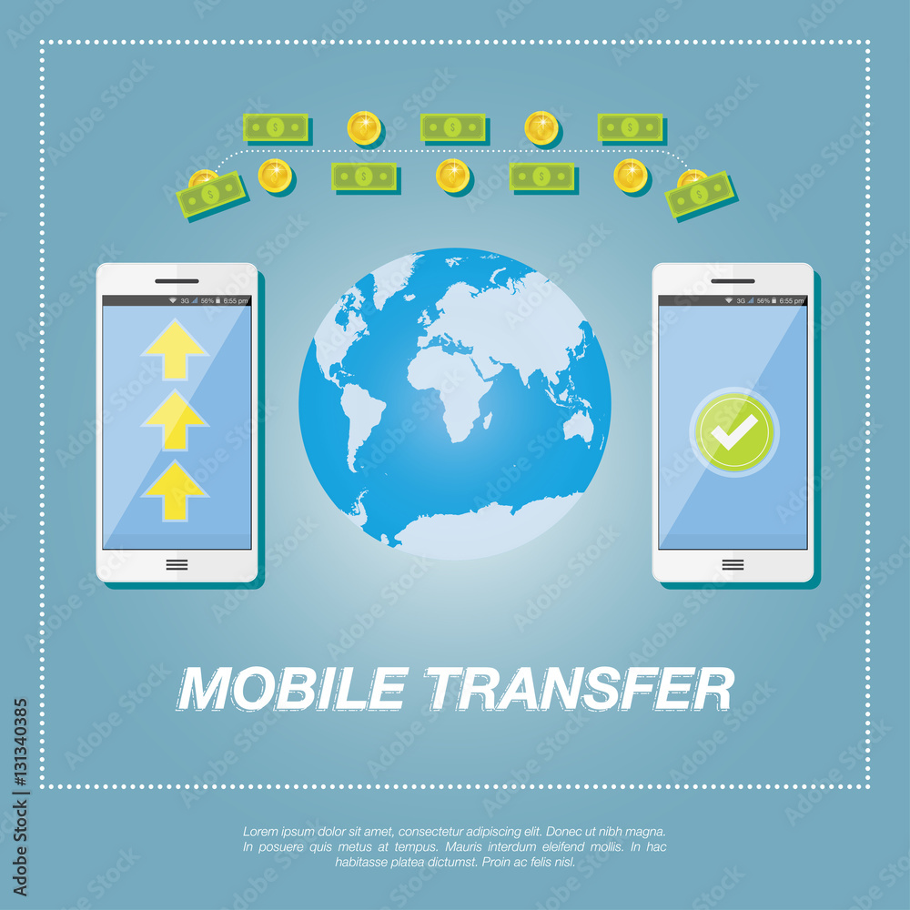 Money transfer vector concept. Sending gold coins and banknote from ...