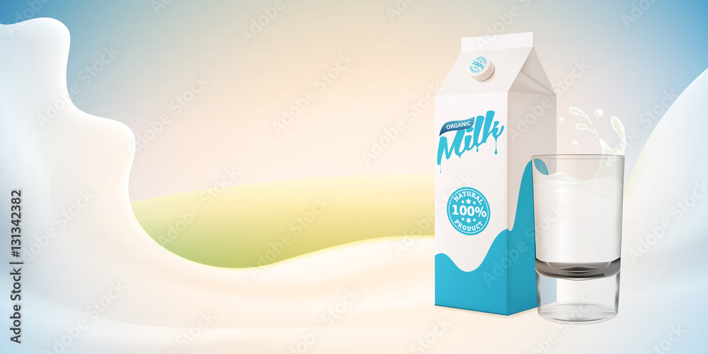 Realistic milk vector illustration with glass and packaging ready for ...