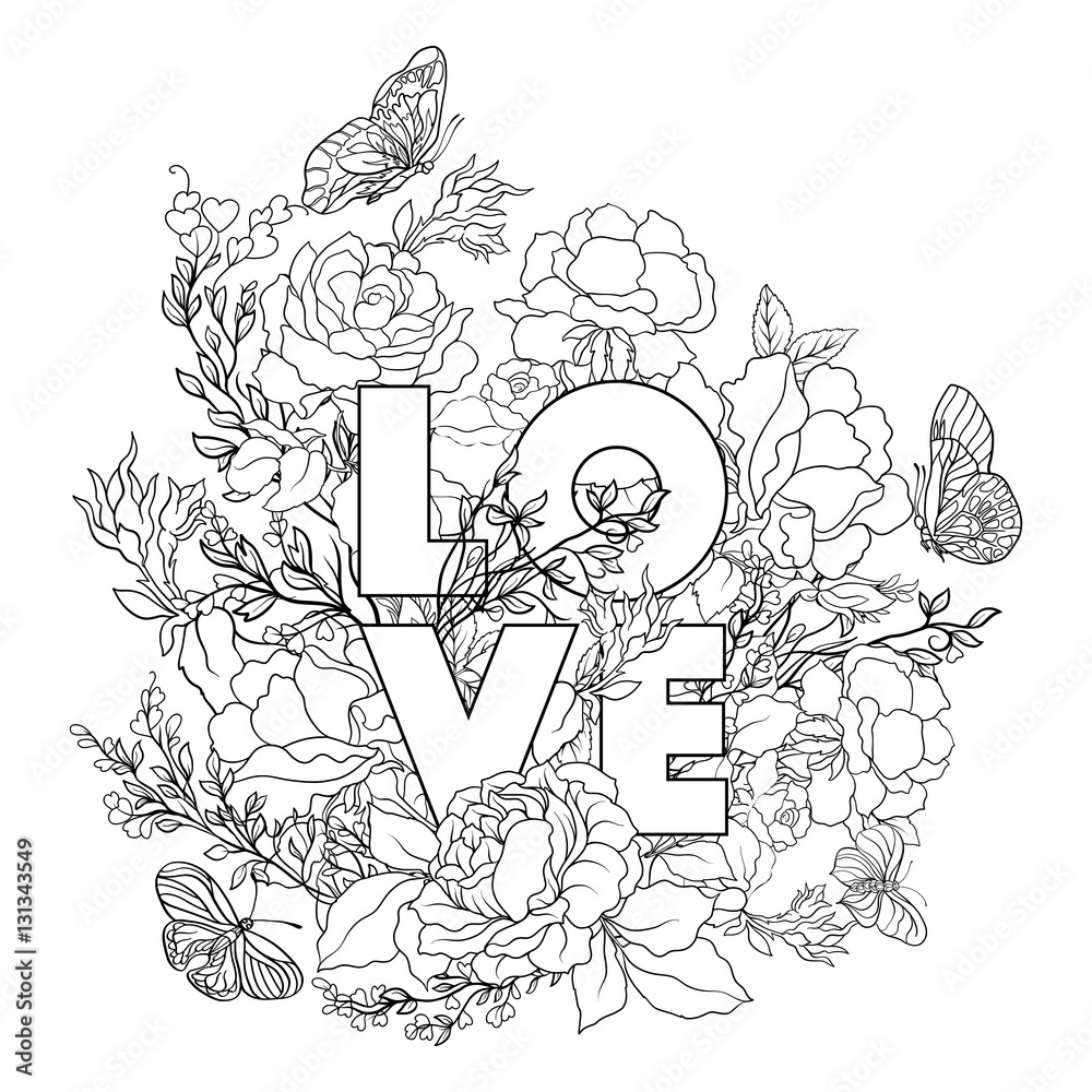 Rose flower background with word love. Outline drawing coloring Stock ...