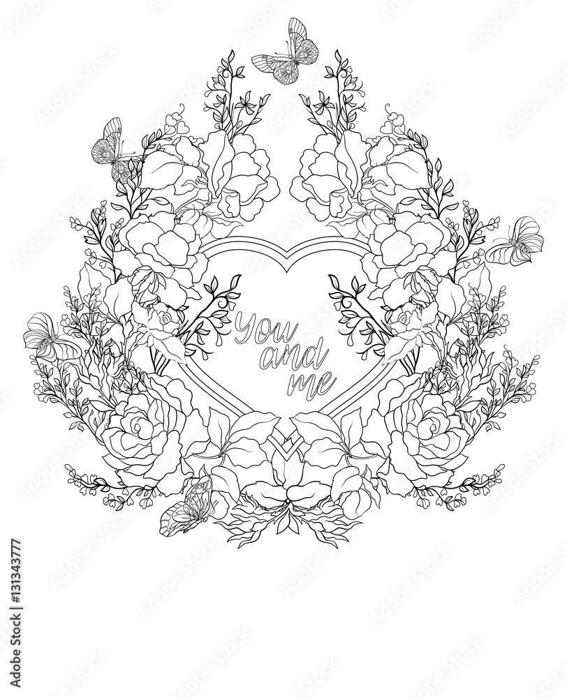 Rose flower background with space for text. Outline drawing colo Stock ...