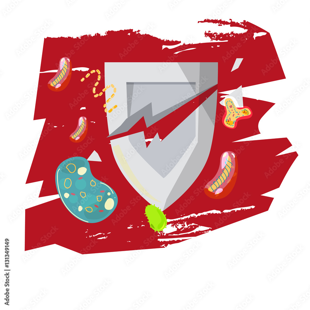 broken shield of Immune system with virus and bacteria Stock Vector ...